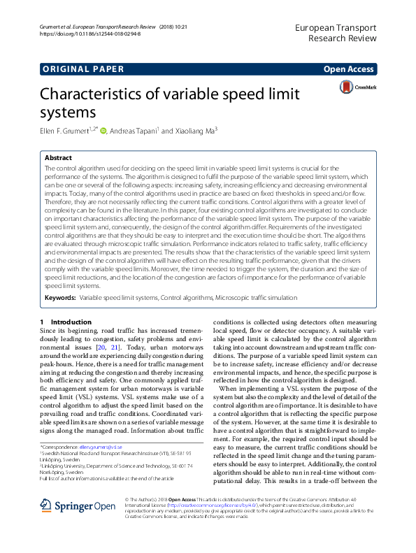 (PDF) Characteristics of variable speed limit systems