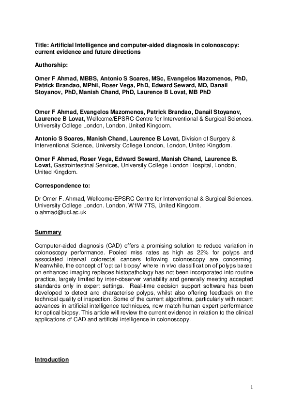 (PDF) Artificial intelligence and computer-aided diagnosis in colonoscopy: current evidence and ...
