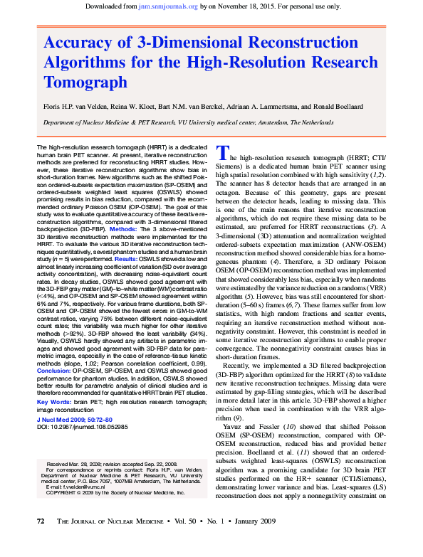 (PDF) Accuracy of 3-Dimensional Reconstruction Algorithms for the High-Resolution Research Tomograph