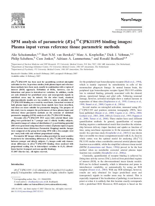 (PDF) SPM analysis of parametric (R)-[11C]PK11195 binding images: Plasma input versus reference ...
