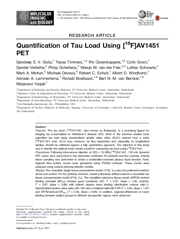 (PDF) Quantification of Tau Load Using [(18)F]AV1451 PET