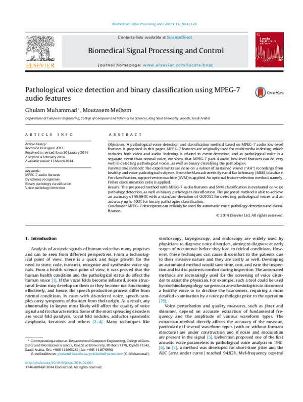 Pdf Pathological Voice Detection And Binary Classification Using Mpeg 7600