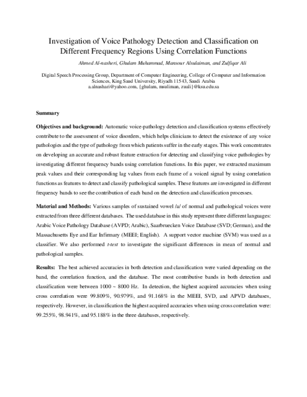 (PDF) Investigation of Voice Pathology Detection and Classification on Different Frequency ...