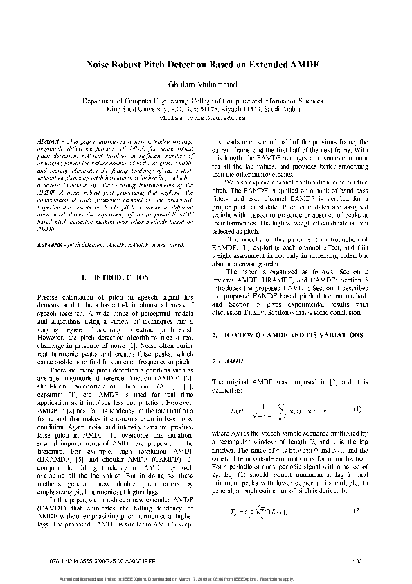 (PDF) Noise robust pitch detection based on extended AMDF