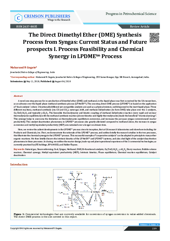 (PDF) The Direct Dimethyl Ether (DME) Synthesis Process from Syngas ...