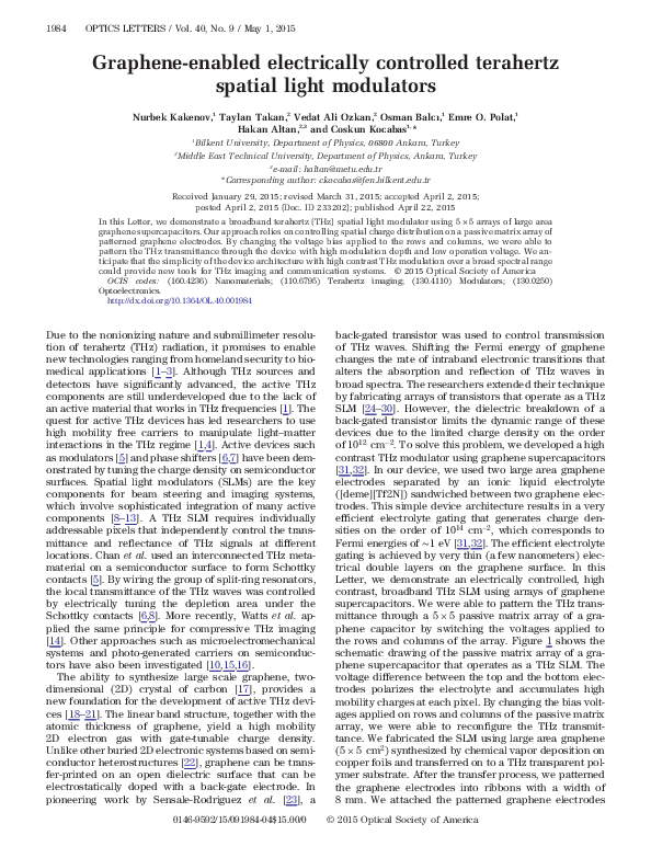 (PDF) Graphene-enabled electrically controlled terahertz spatial light modulators | Hakan Altan ...