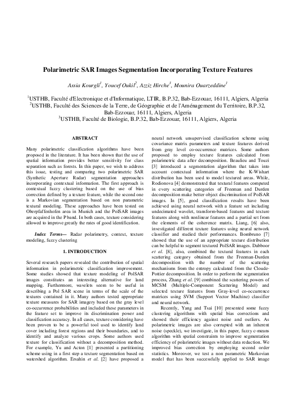 (PDF) Polarimetric SAR images segmentation incorporating texture features
