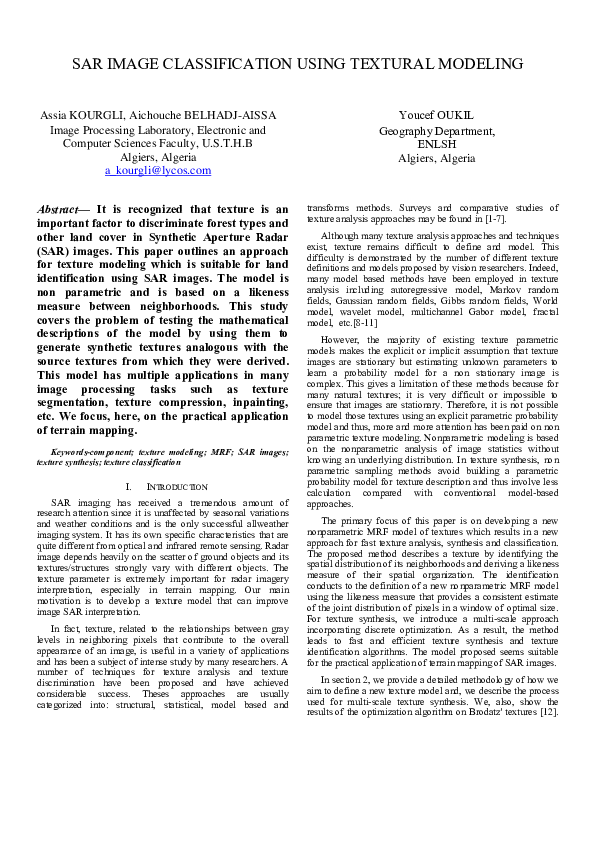 Pdf Sar Image Classification Using Textural Modeling