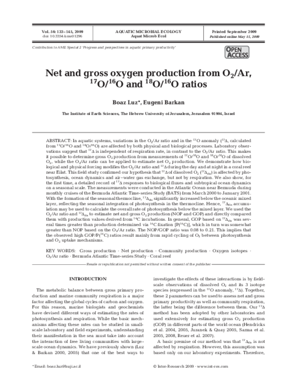 (PDF) Net and gross oxygen production from O2/Ar, 17O/16O and 18O/16O ...