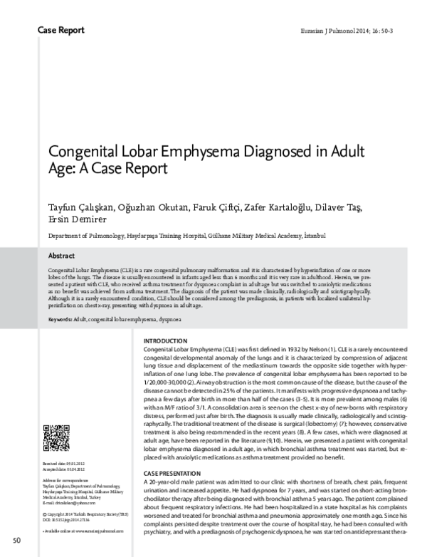 (PDF) Congenital Lobar Emphysema Diagnosed in Adult Age: A Case Report