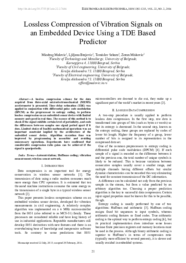 (PDF) Lossless Compression of Vibration Signals on an Embedded Device Using a TDE Based Predictor