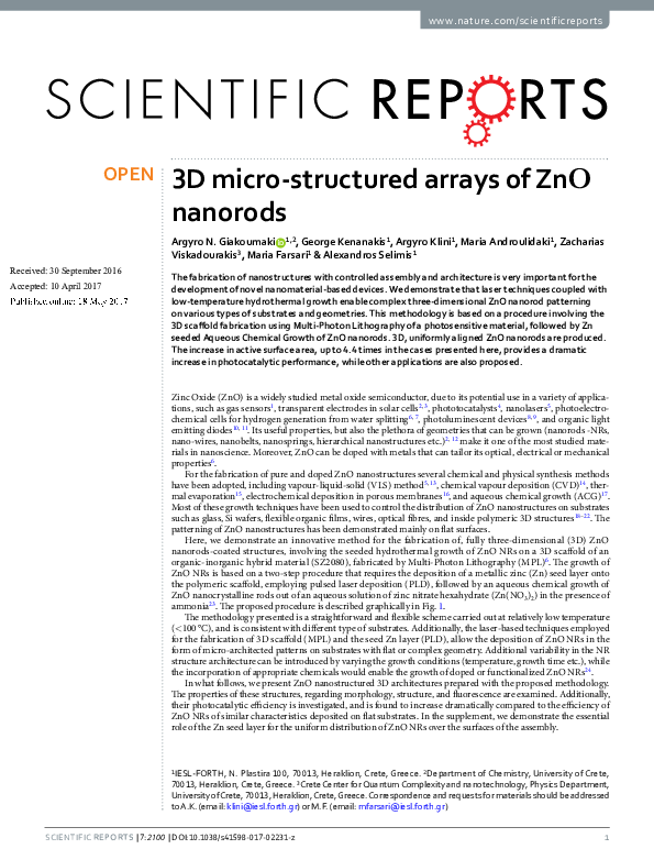 (PDF) 3D micro-structured arrays of ZnΟ nanorods