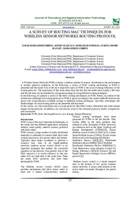 Pdf A Survey Of Routing Mac Techniques For Wireless Sensor Networks