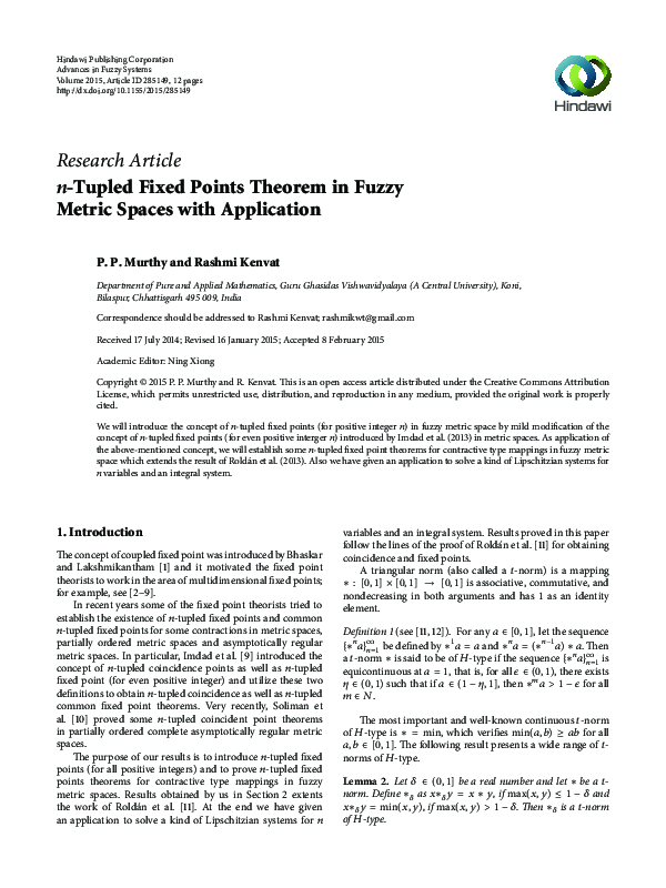 Pdf N Tupled Fixed Points Theorem In Fuzzy Metric Spaces With Application