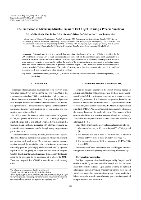 (PDF) The Prediction of Minimum Miscible Pressure for CO2 EOR using a Process Simulator