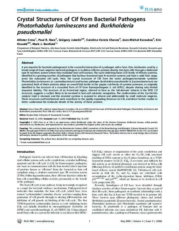 (PDF) Crystal Structures of Cif from Bacterial Pathogens Photorhabdus ...