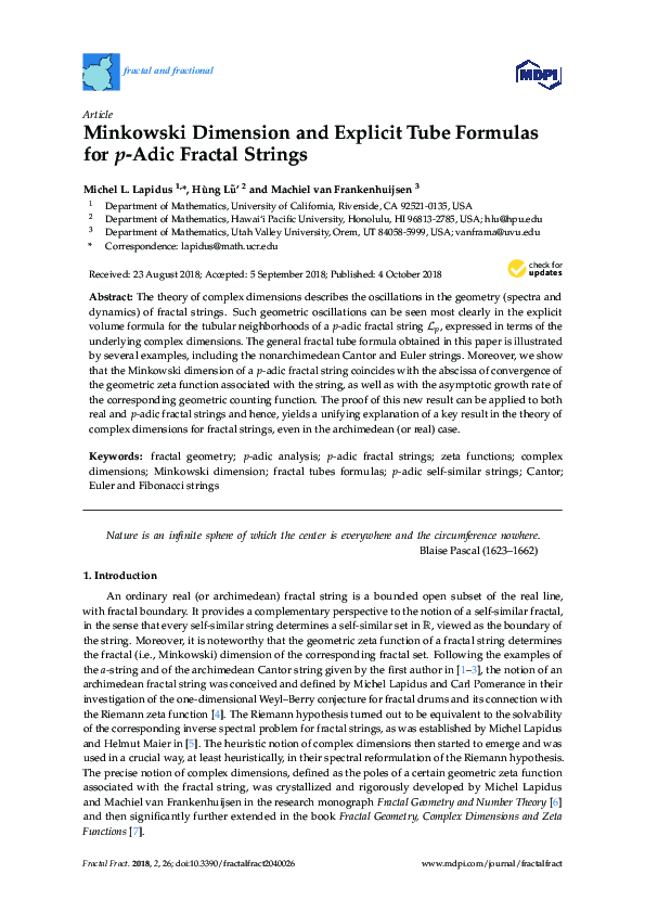 Pdf Minkowski Dimension And Explicit Tube Formulas For P Adic Fractal Strings Michel L