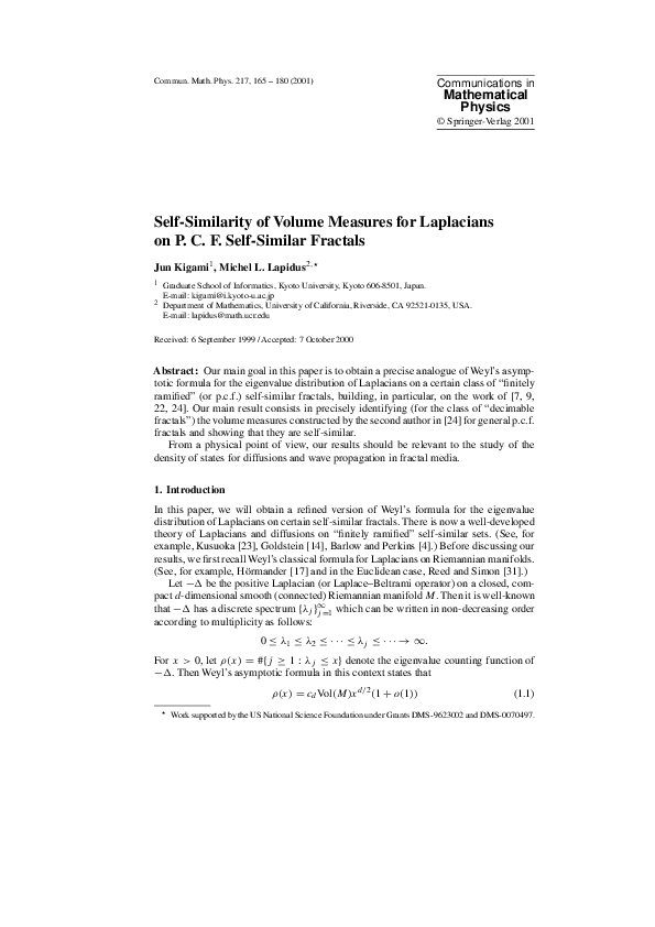 (PDF) Self-Similarity of Volume Measures for Laplacians¶on P. C. F. Self-Similar Fractals