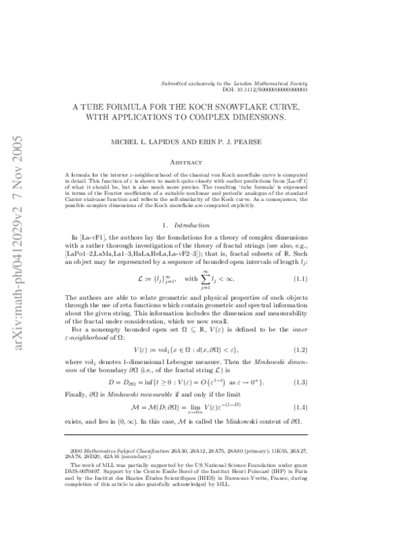 (PDF) A Tube Formula for the Koch Snowflake Curve, with Applications to ...