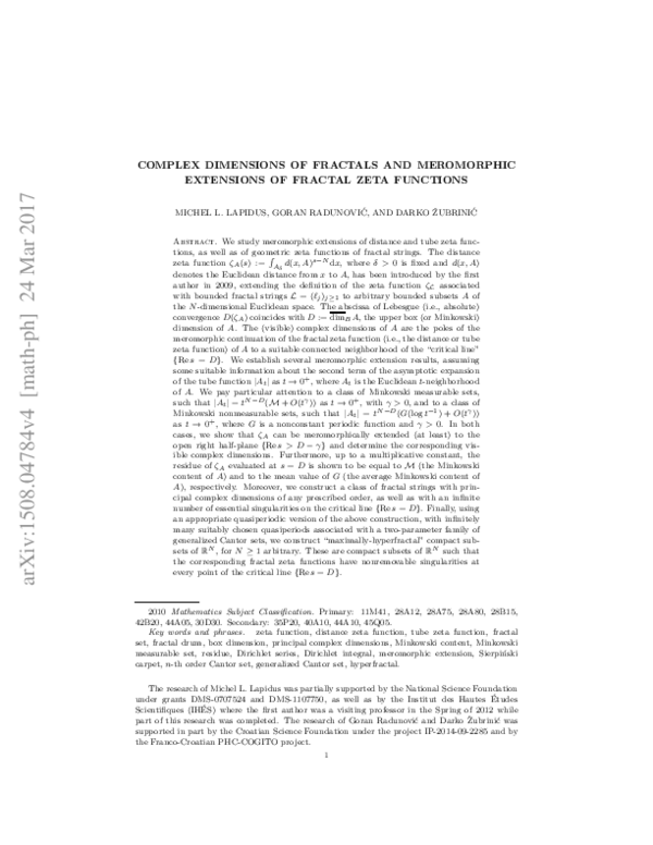 (PDF) Complex dimensions of fractals and meromorphic extensions of fractal zeta functions