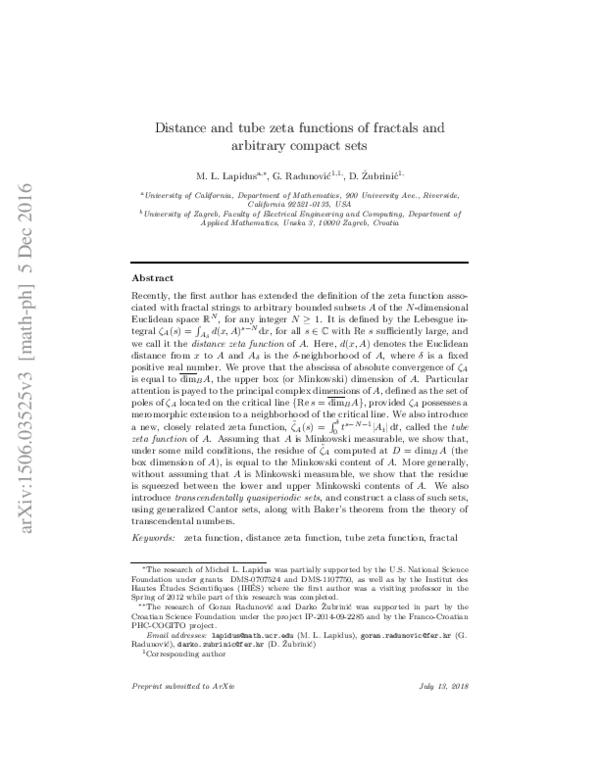 (PDF) Distance and tube zeta functions of fractals and arbitrary compact sets
