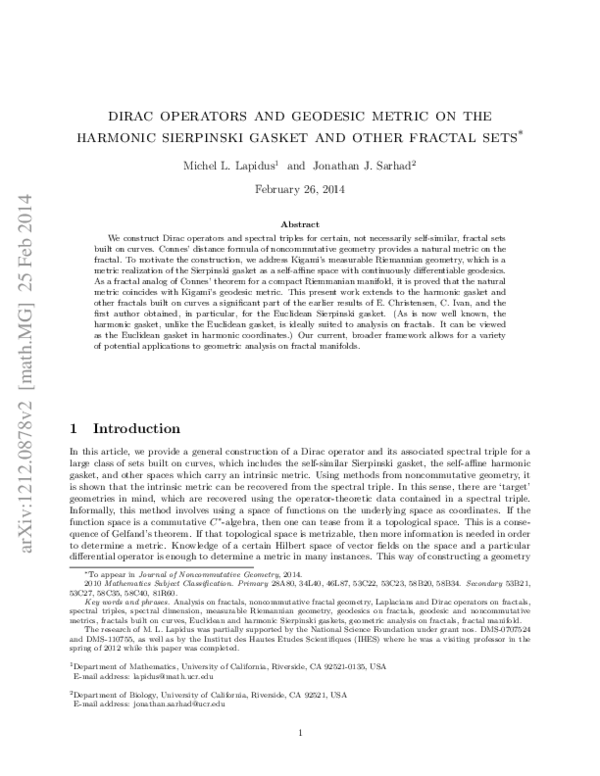 (PDF) Dirac operators and geodesic metric on the harmonic Sierpinski gasket and other fractal sets