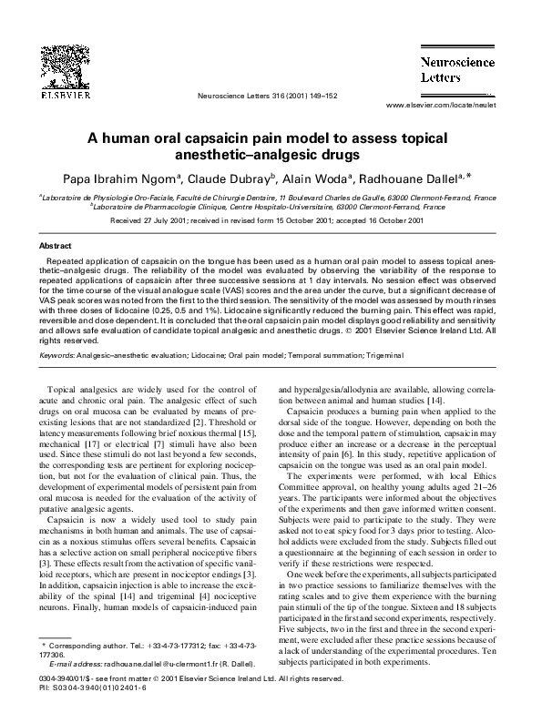 (PDF) A human oral capsaicin pain model to assess topical anesthetic ...