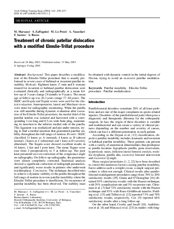 (PDF) Treatment of chronic patellar dislocation with a modified Elmslie ...