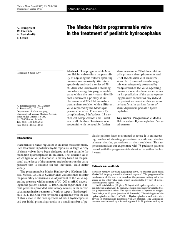 (PDF) The Medos Hakim programmable valve in the treatment of pediatric ...
