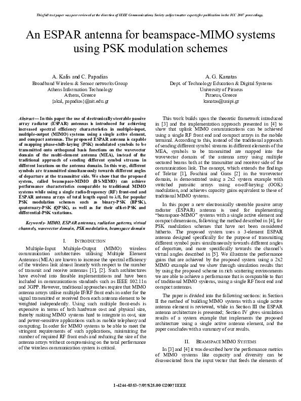 (PDF) An ESPAR Antenna for Beamspace-MIMO Systems Using PSK Modulation Schemes