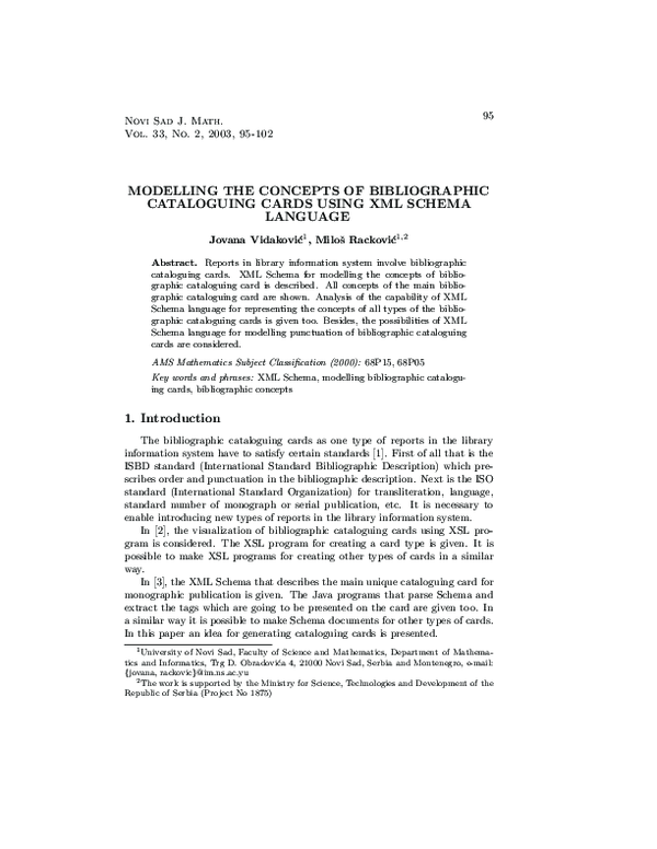 Pdf Xml Schema For Bibliographic Cataloguing Cards