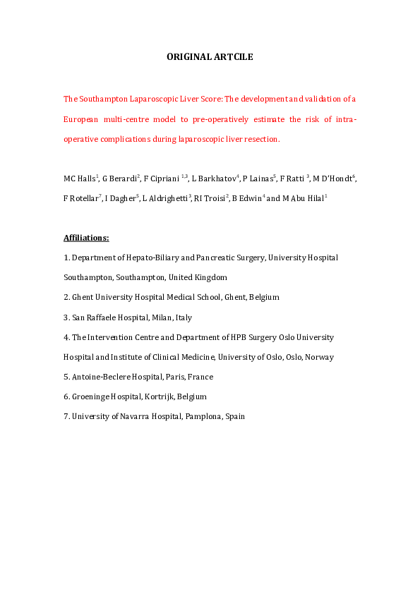 (DOC) Development and validation of a difficulty score to predict intraoperative complications ...