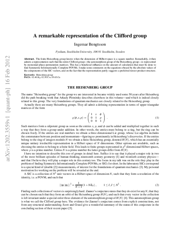(PDF) A remarkable representation of the Clifford group