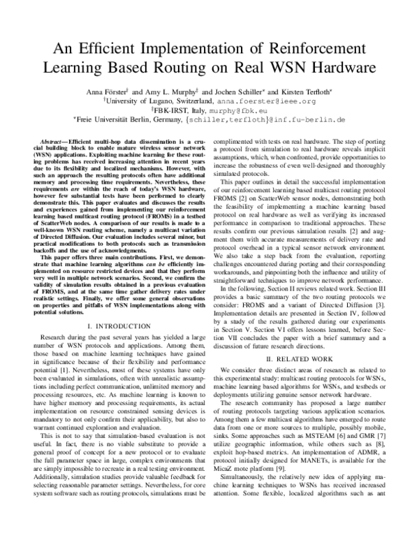 (PDF) An Efficient Implementation of Reinforcement Learning Based Routing on Real WSN Hardware