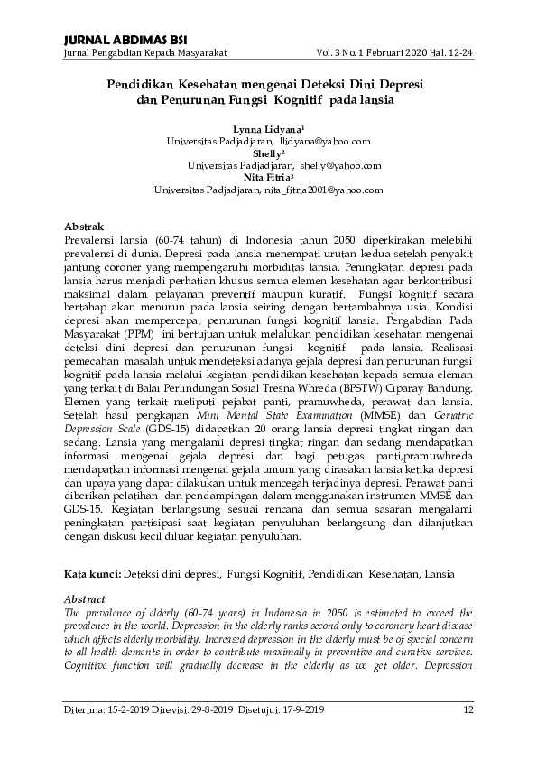 (PDF) Pendidikan Kesehatan mengenai Deteksi Dini Depresi dan Penurunan Fungsi Kognitif pada lansia