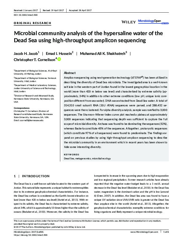 (PDF) Microbial community analysis of the hypersaline water of the Dead Sea using high ...