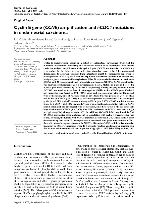 (PDF) Cyclin E gene (CCNE) amplification andhCDC4 mutations in ...