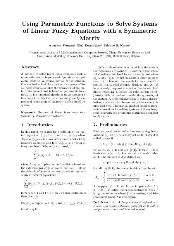 Pdf Using Parametric Functions To Solve Systems Of Linear Fuzzy Equations With A Symmetric