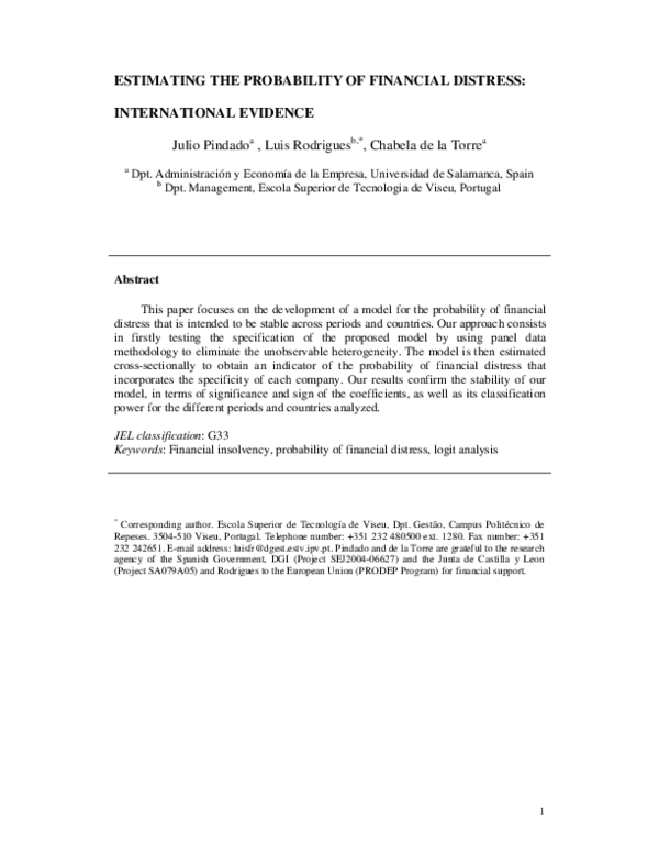 (PDF) Estimating the Probability of Financial Distress: International ...