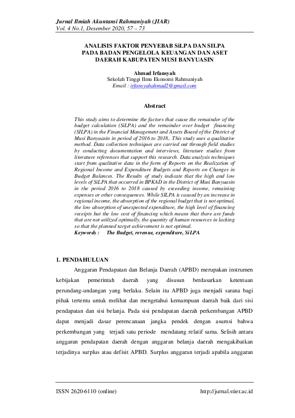 (PDF) Analisis Faktor Penyebab SiLPA dan SILPA Pada Badan Pengelola Keuangan dan Aset Daerah ...