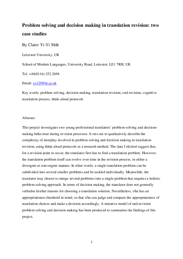 (PDF) Problem-solving and decision-making in translation revision: Two case studies