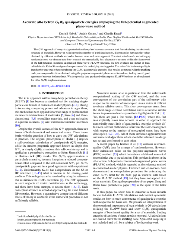 (PDF) Accurate all-electronG0W0quasiparticle energies employing the ...