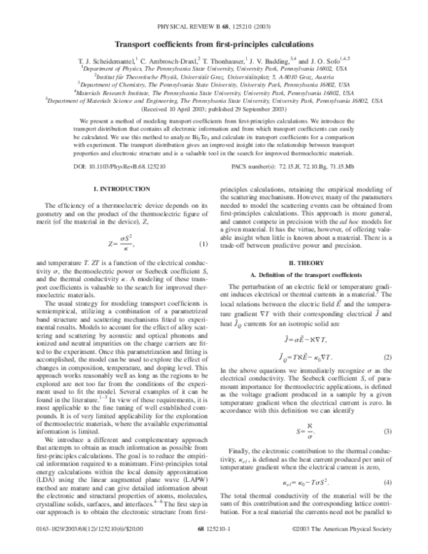 (PDF) Transport coefficients from first-principles calculations