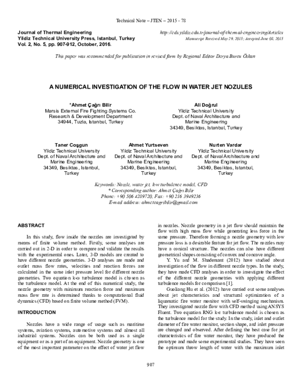 (PDF) A numerical Investigation of the Flow in Water Jet Nozules