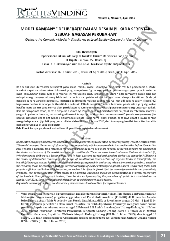 (PDF) Model Kampanye Deliberatif Dalam Desain Pilkada Serentak: Sebuah Gagasan Perubahan