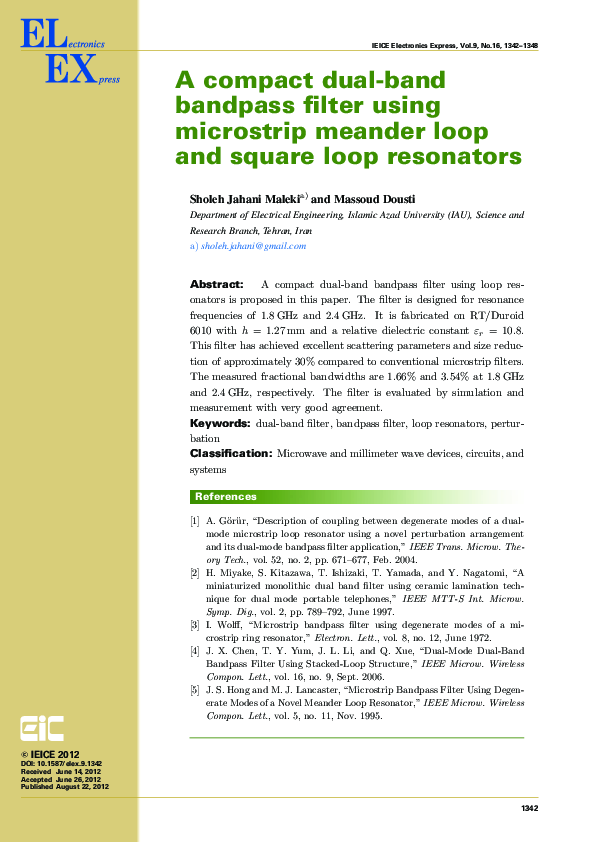 Pdf A Compact Dual Band Bandpass Filter Using Microstrip Meander Loop And Square Loop Resonators