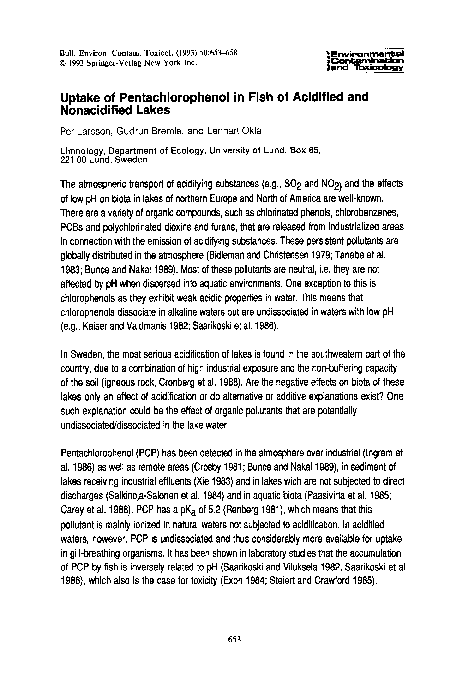 (PDF) Uptake of pentachlorophenol in fish of acidified and nonacidified ...
