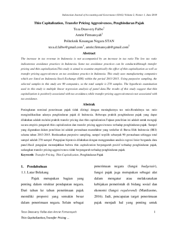(PDF) Thin Capitalization, Transfer Pricing Aggresiveness, Penghindaran Pajak