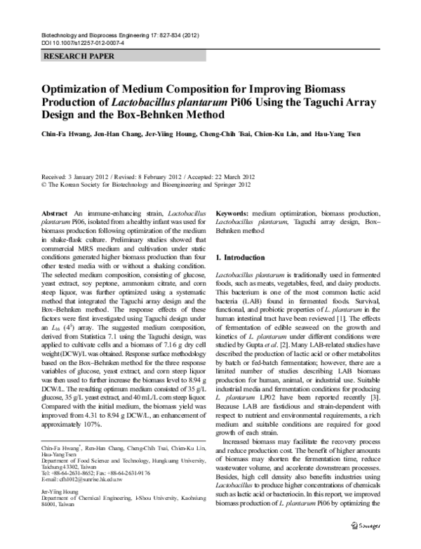 Pdf Optimization Of Medium Composition For Improving Biomass Production Of Lactobacillus