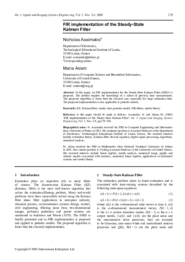 (PDF) FIR implementation of the Steady-State Kalman Filter